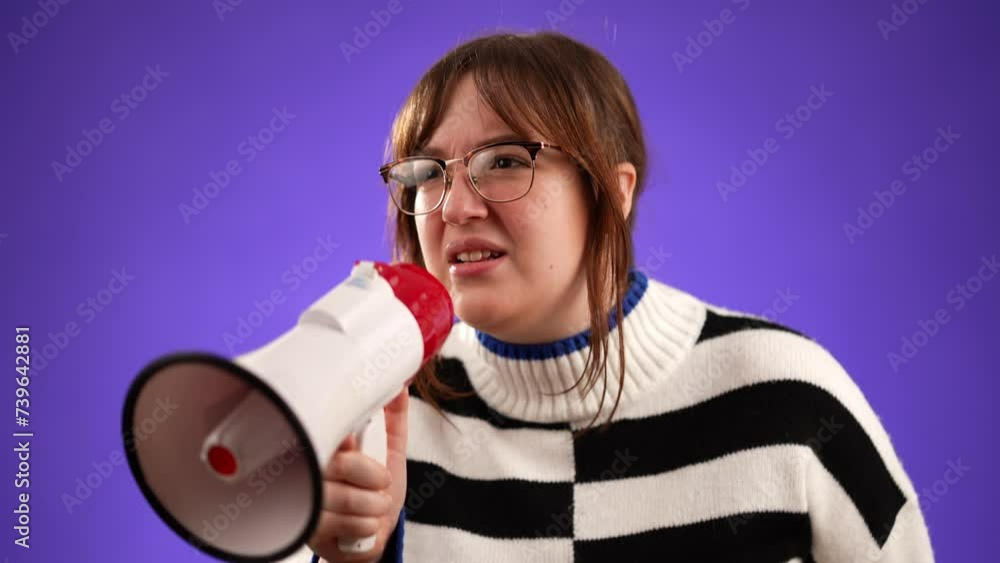Angry woman, yelling protest into megaphone bullhorn, announcement ...