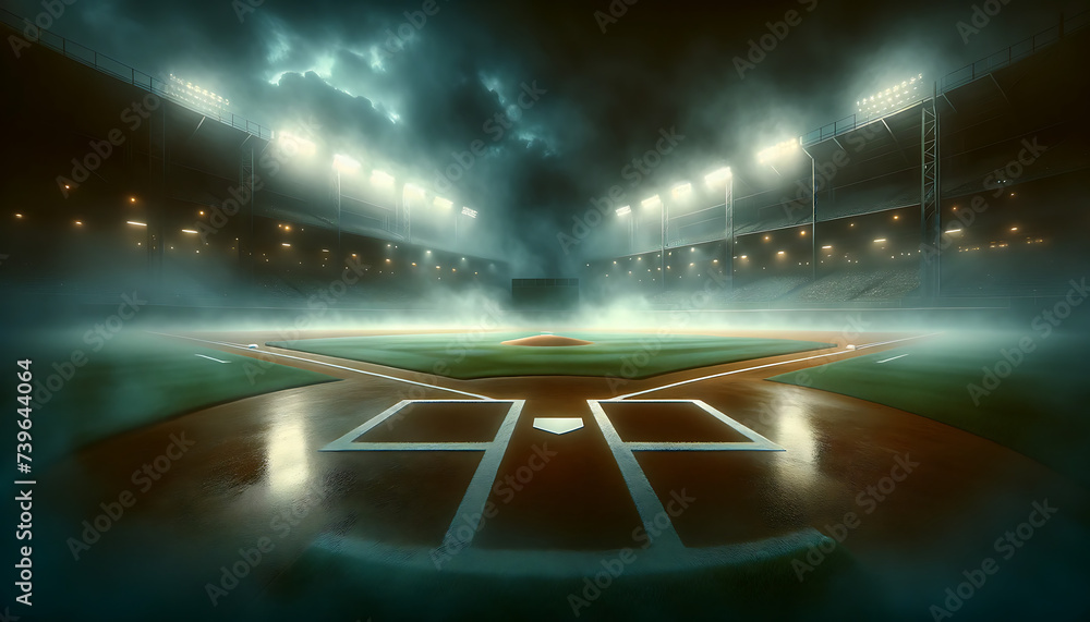 Baseball stadium light with fog, subtly obscured by the mist and ...