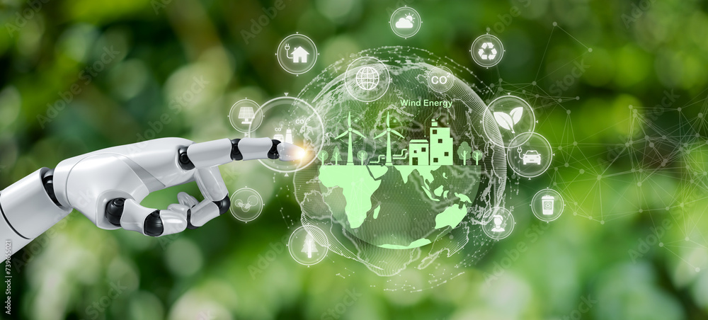 Hand robot holding global saving clean energy earth, save the world ...
