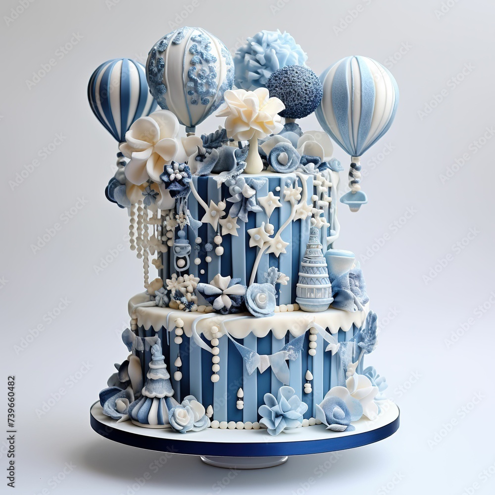 3D effect fondant birthday cake on white background, imaginative ...