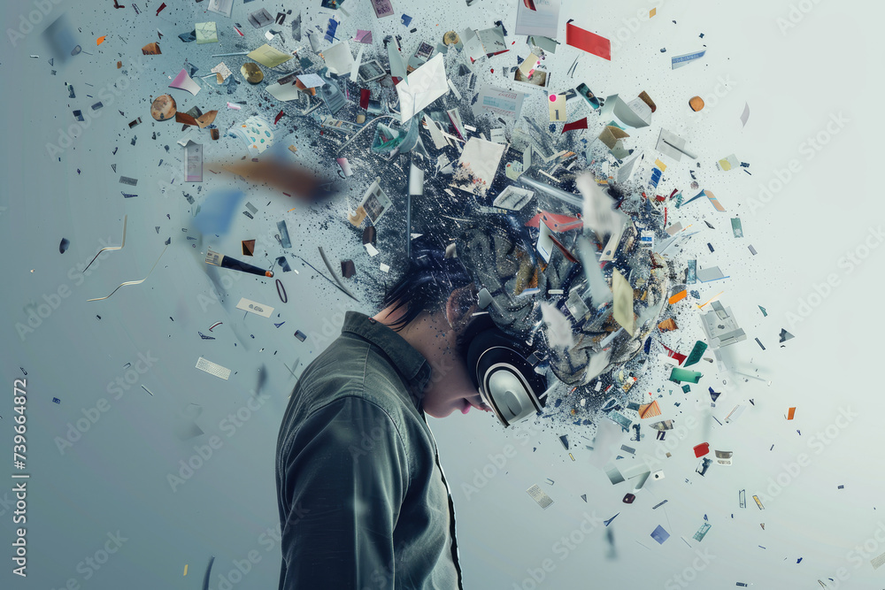 Angry person, Overwhelming information data explode out of head of ...