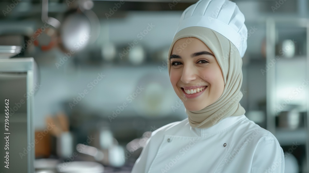 beautiful Muslim woman chef wearing a hijab and a white uniform, situated in a hotel kitchen ...