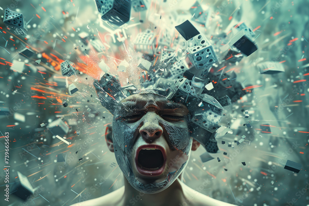 Angry person, Overwhelming information data explode out of head of young human brain, too much ...