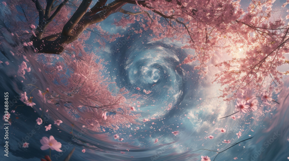Swirling winds carry swirls of cherry blossoms ushering in the arrival ...