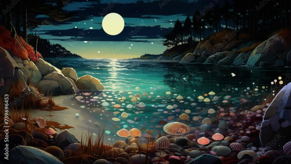 archipelago shoreline at night with seashell. fantasy background with ...
