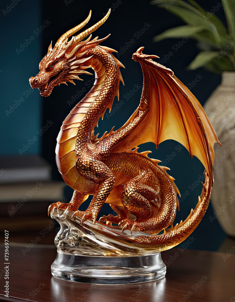 Dragon with spread wings statuette on wooden table in well-lit room ...