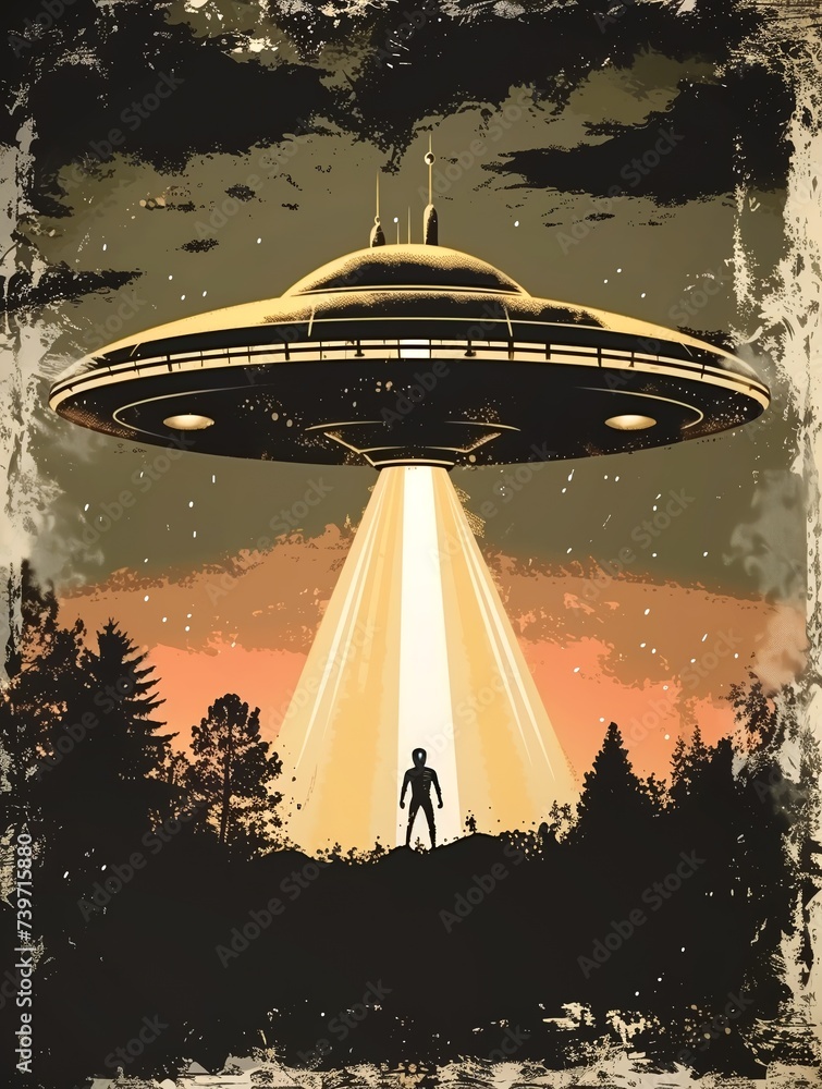 Grunge UFO poster. Retro Art. Grunge poster depicting Flying Saucer ...