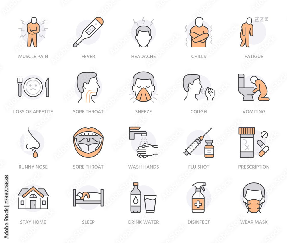 Flu disease prevention, cold symptoms flat line icons set. Fever ...