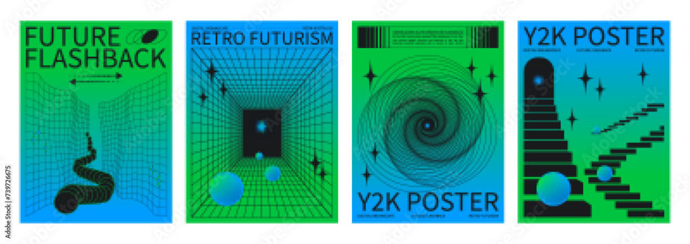 Set of retrowave techno banners. Vector realistic illustration of y2k ...
