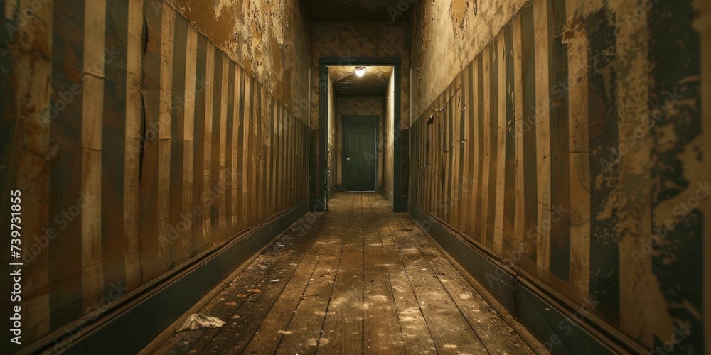 Wallpaper featuring a dimly lit corridor with peeling striped designs ...