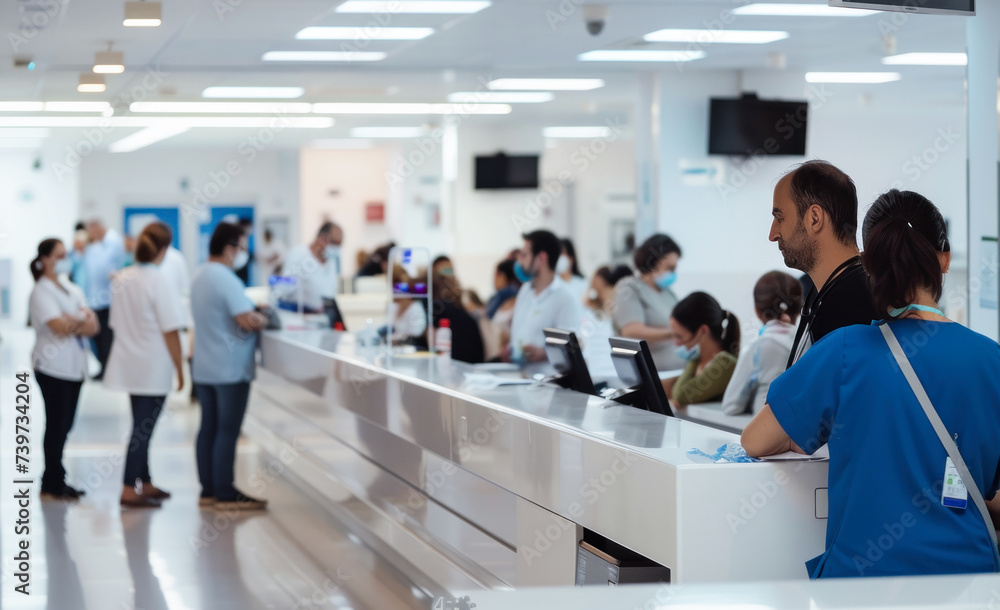 Healthcare professionals busy at work behind the hospital reception ...