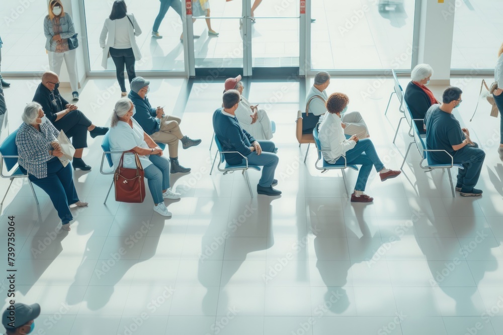 A diverse group of patients seated in a sunlit hospital waiting area ...