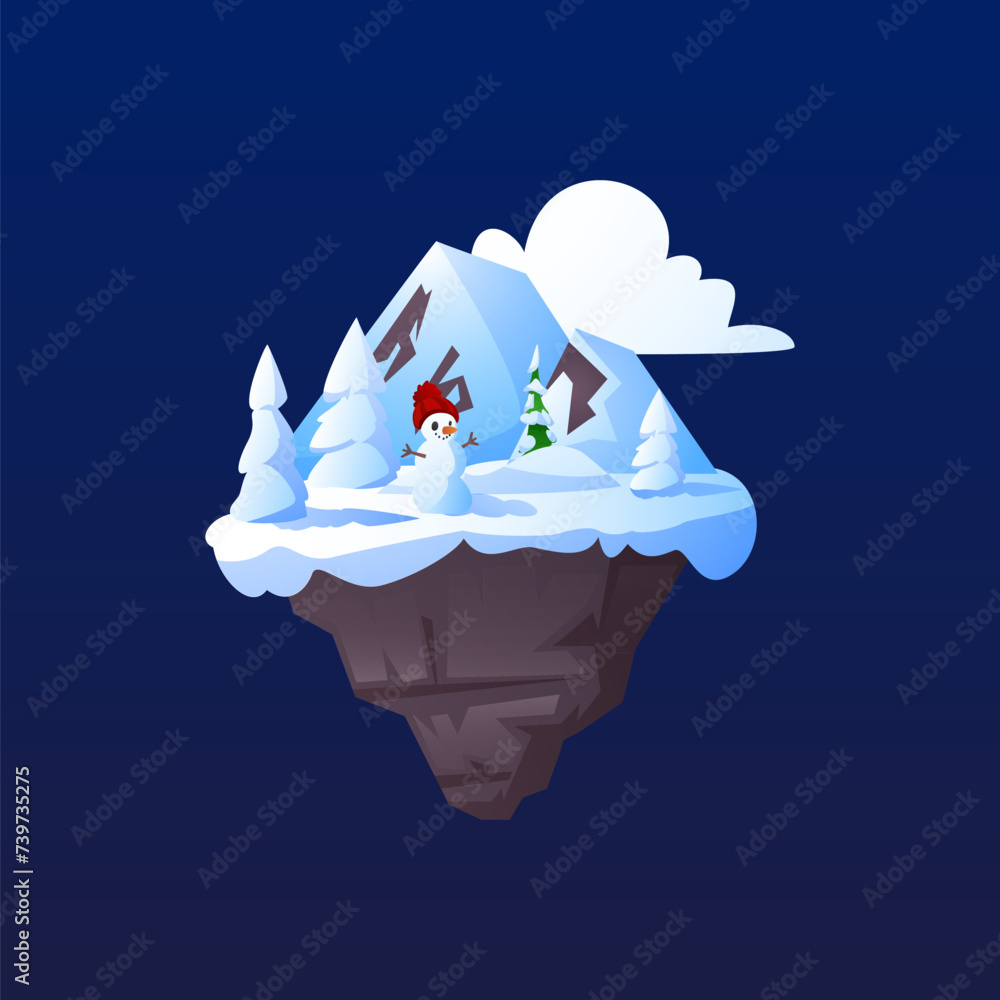 Fantasy frozen forest land island with creepy snowman floating in the ...