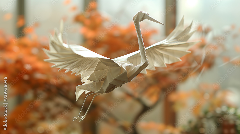 incredible work white paper origami crane flying against the background ...