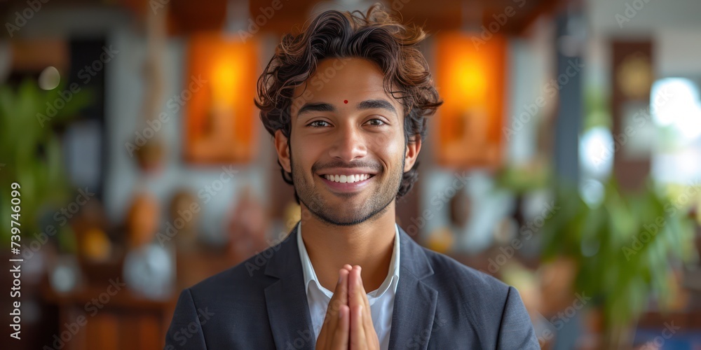 Happy man say thank you, smiling and laughing with hands showing ...