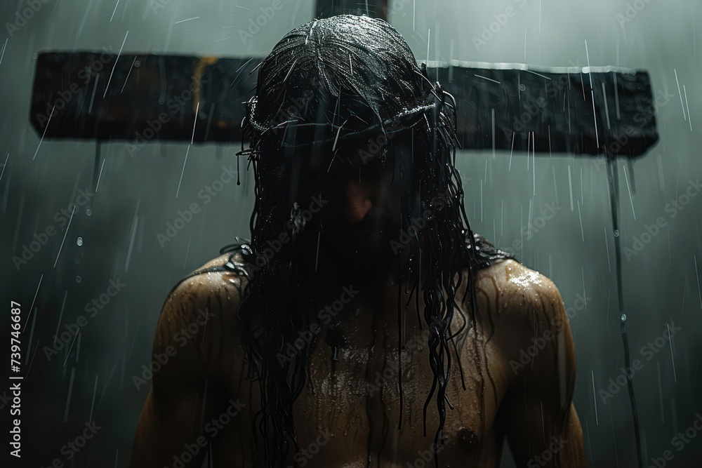 Jesus Christ on the cross, thunder lightning storm dark clouds in the ...