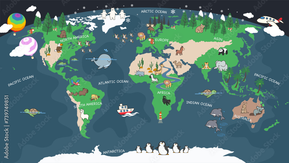 beautiful world map with cute cartoon animal, wildlife living on ...