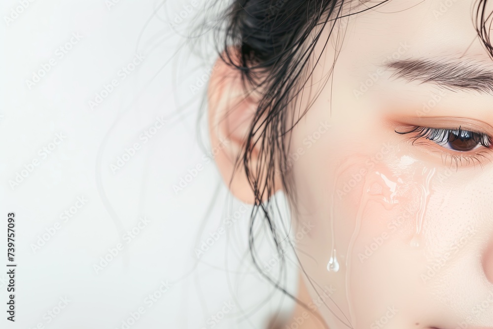Tears rolling on a cheek of a woman. Crying person. A closeup of a girl ...
