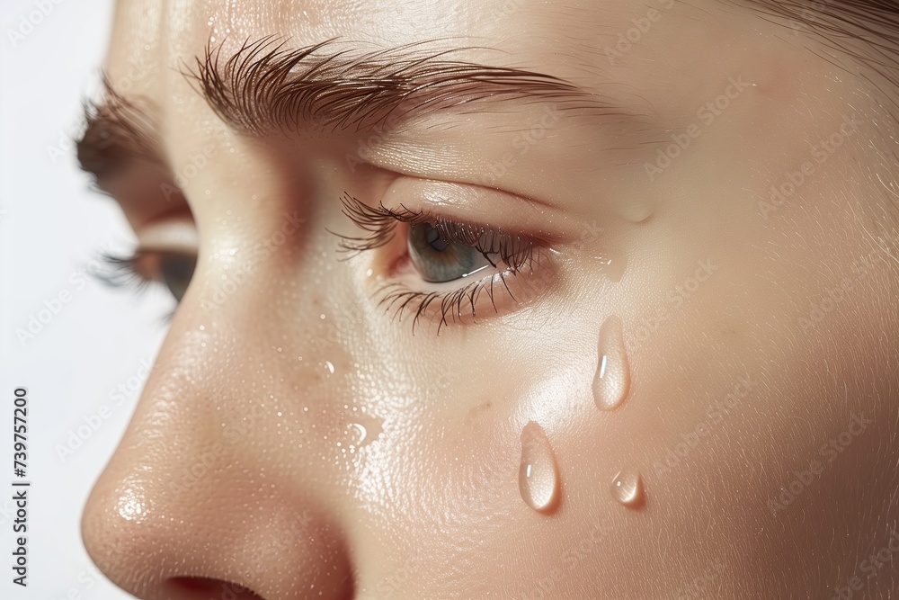 Tears rolling on a cheek of a woman. Crying person. A closeup of girl's teary eyes. Sad. Dismay ...