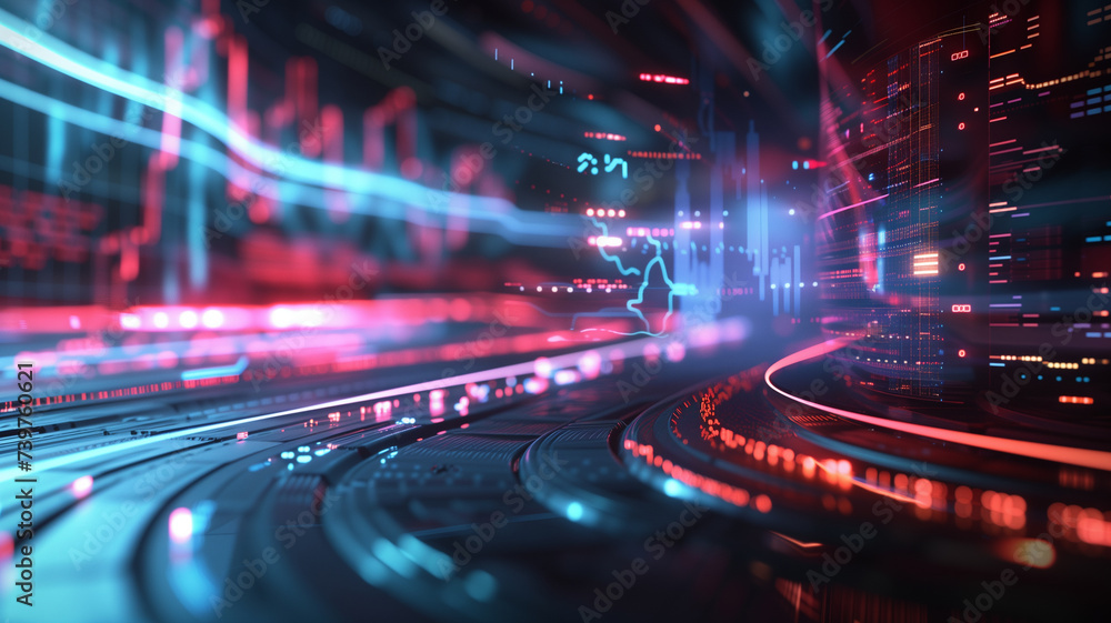 financial analysis data flowing through a futuristic interface, with graphs, charts, and ...