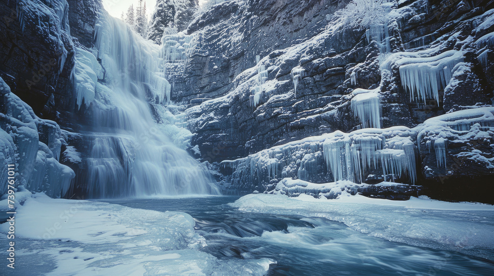 ice waterfalls freeze majestically, flowing water freezes in the cold ...