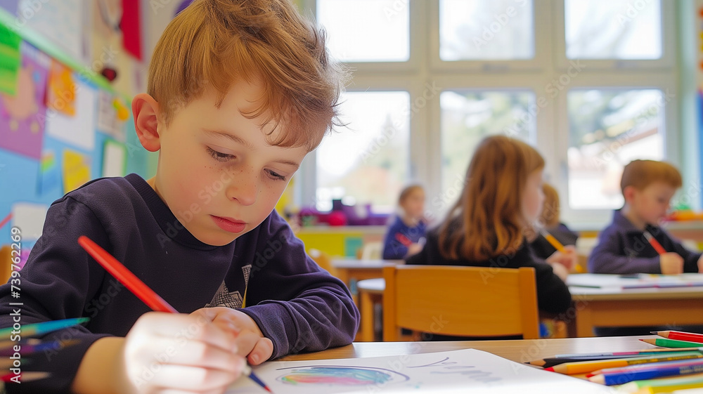 Classmates Drawing Together. Сhildren draw. Large group of elementary ...