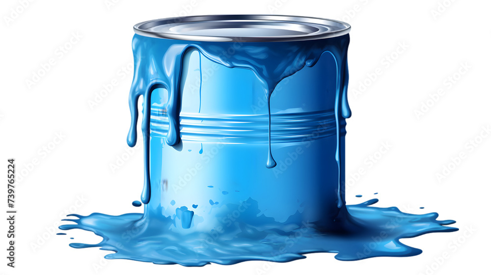 large open can of blue paint with drips, isolated on transparent ...