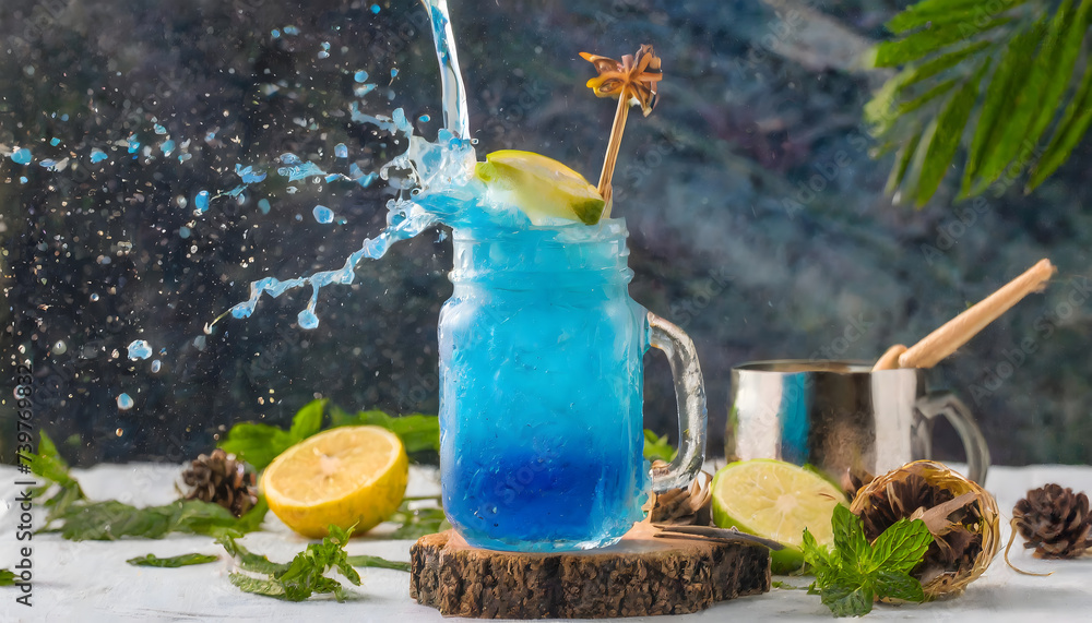 Blue lagoon mocktail with blue curacao liqueur, lemon juice and soda ...