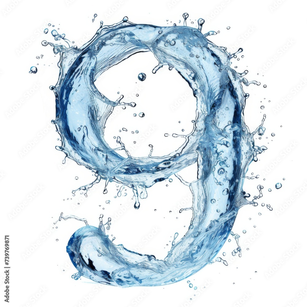 Stylized font, capital number 9. Text made of water splashes, number 9 ...