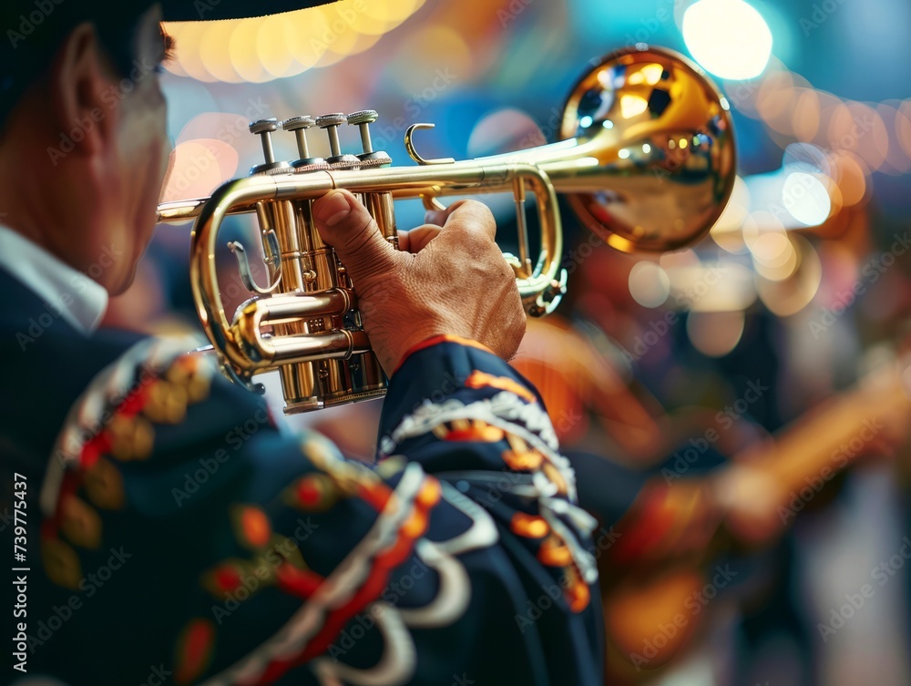 Close-up of a mariachi trumpet player's hands with intricate details of ...