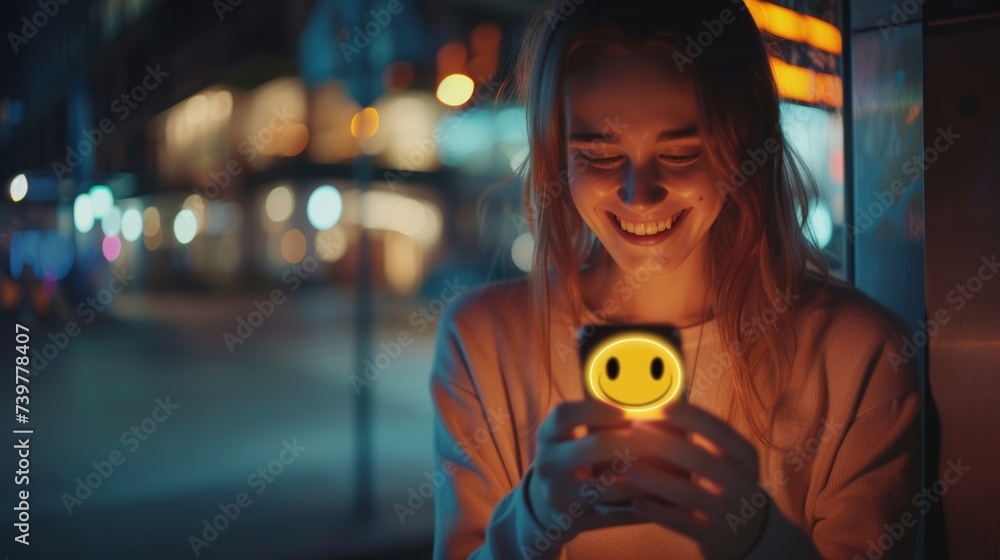 woman touching smartphone screen using smiley face emoticon with IoT ...