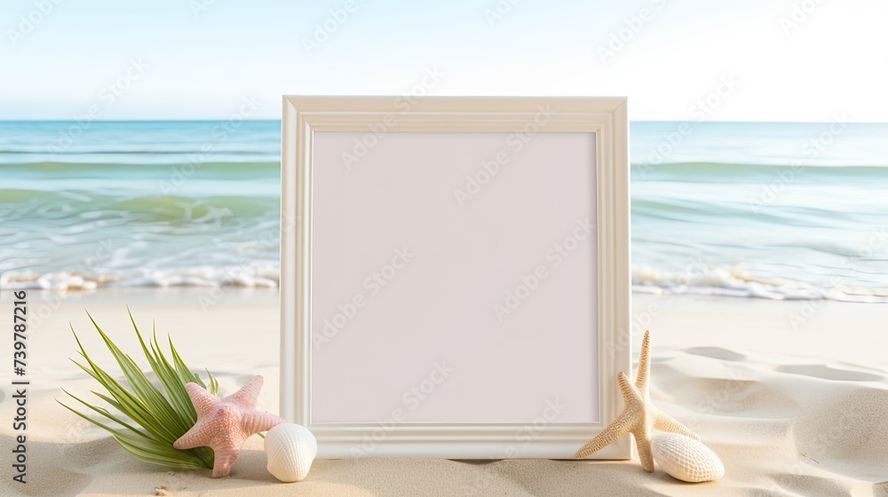 Empty photo frame on a beach background with sand. AI generated ...