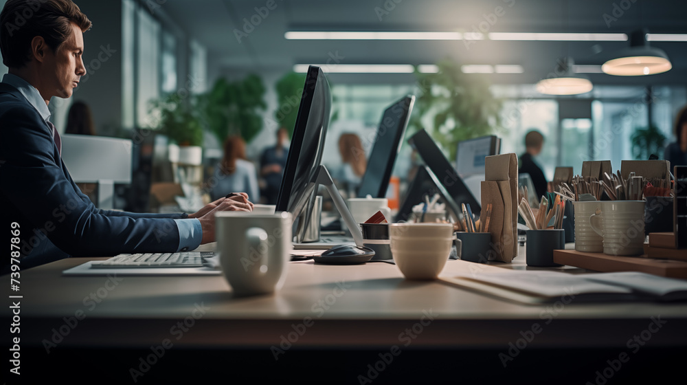 An office scene featuring a cluttered desk with coffee cups scattered ...