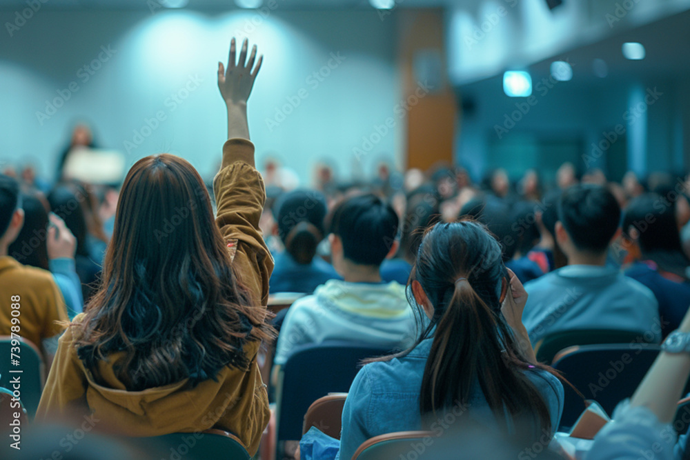 Student Participating in University Auditorium. Back view of a student ...