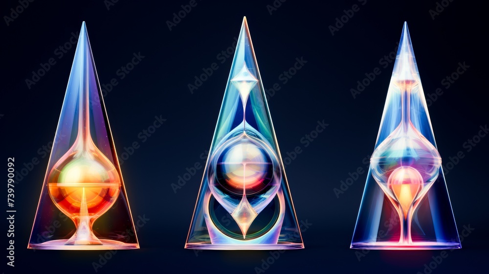 Prism Spectrum Triad. Three prismatic sculptures emanate a luminous ...