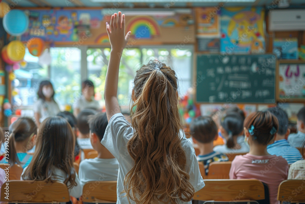 Elementary Student Raising Hand in Class. Young girl with raised hand ...