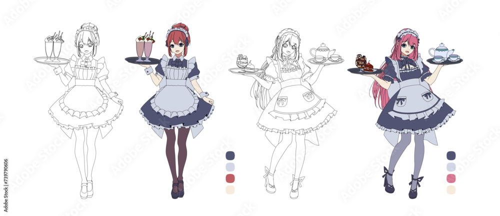Anime girls working in maid cafe coloring book vector characters ...