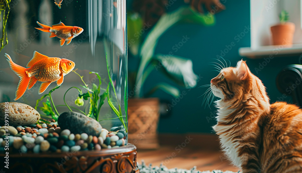 cute tropical gold fish in an aquarium, two cats watching the fish ...