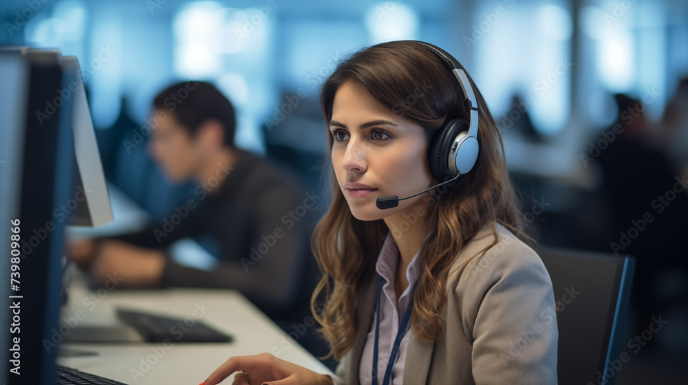 a busy call center workstation, where a female helpdesk service agent ...