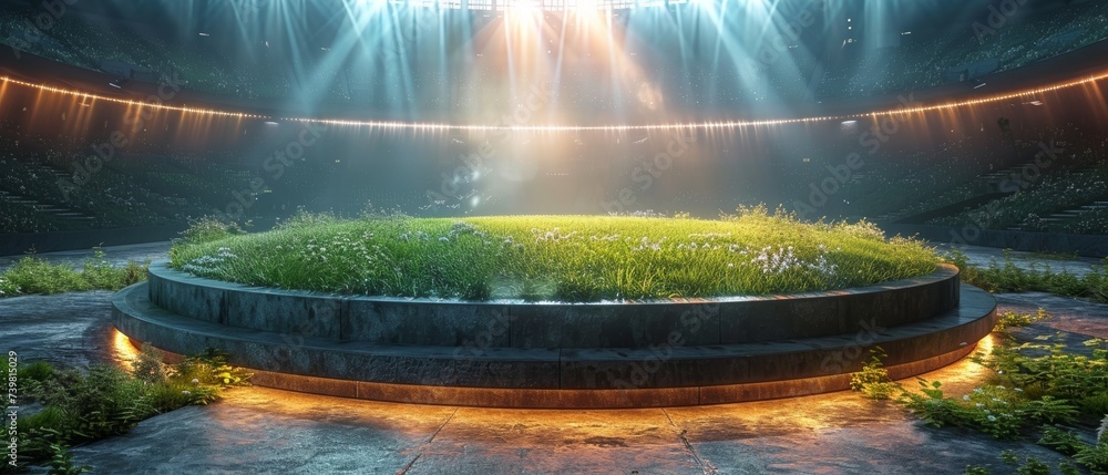 This podium is located in the center of a stadium surrounded by rows of ...