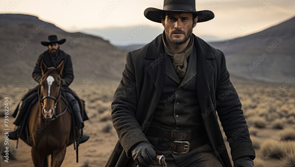 A dramatic moment unfolds as a cowboy faces off for a duel in a Western ...