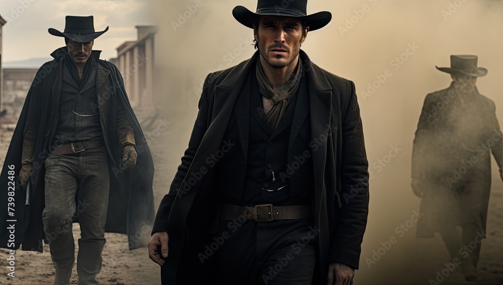 A dramatic moment unfolds as a cowboy faces off for a duel in a Western ...