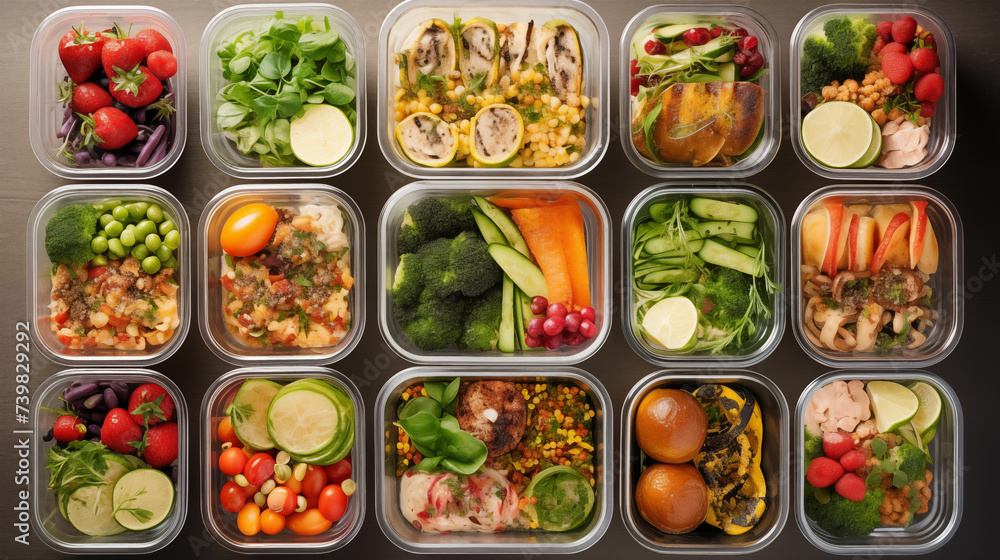 Stack of plastic containers with raw cut vegetables for freezing on ...
