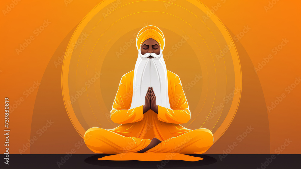 Serene meditation with a man in traditional Sikh attire on a vibrant ...