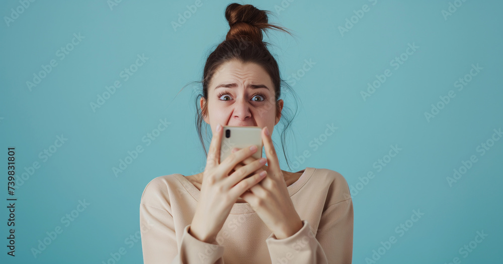 Studio portrait of gen z teenage girl texting on cell phone, shocked ...