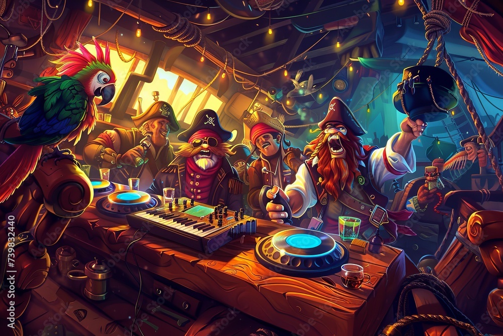 A group of pirates dressed in traditional attire playing a game of ...