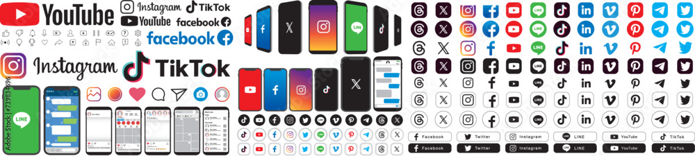 SNS icon logo X, twitter, instagram, youtube, tiktok, facebook, threads ...
