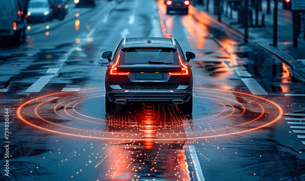 High-tech autonomous car with activated safety systems visualized by ...