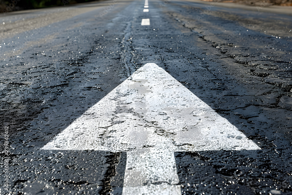 An asphalt road stretches into the distance with a painted white arrow ...