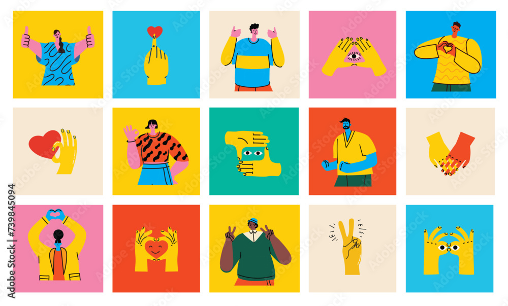 Set of happy people showing various positive emotions with gestures. Ok ...